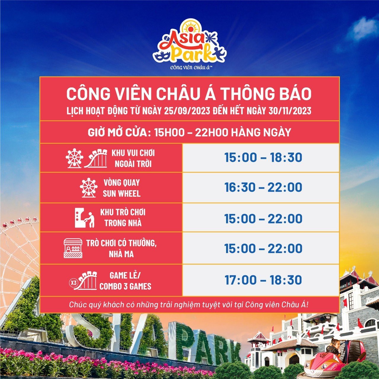 CẬP NHẬT THÔNG TIN HOẠT ĐỘNG MỚI CỦA CÔNG VIÊN CHÂU Á - Asia Park - Công viên Châu Á